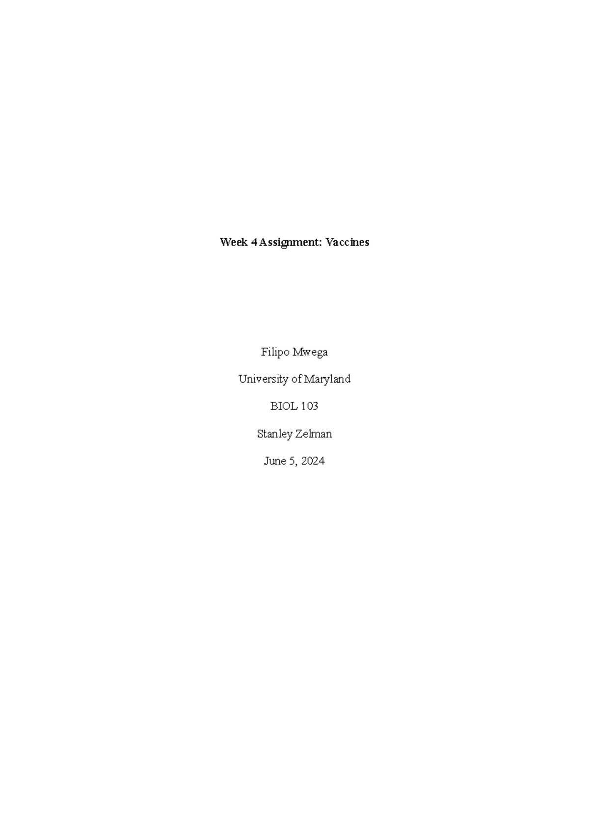 Week 4 Assignment Cat 2 Week 4 Assignment Vaccines Filipo Mwega University Of Maryland Biol