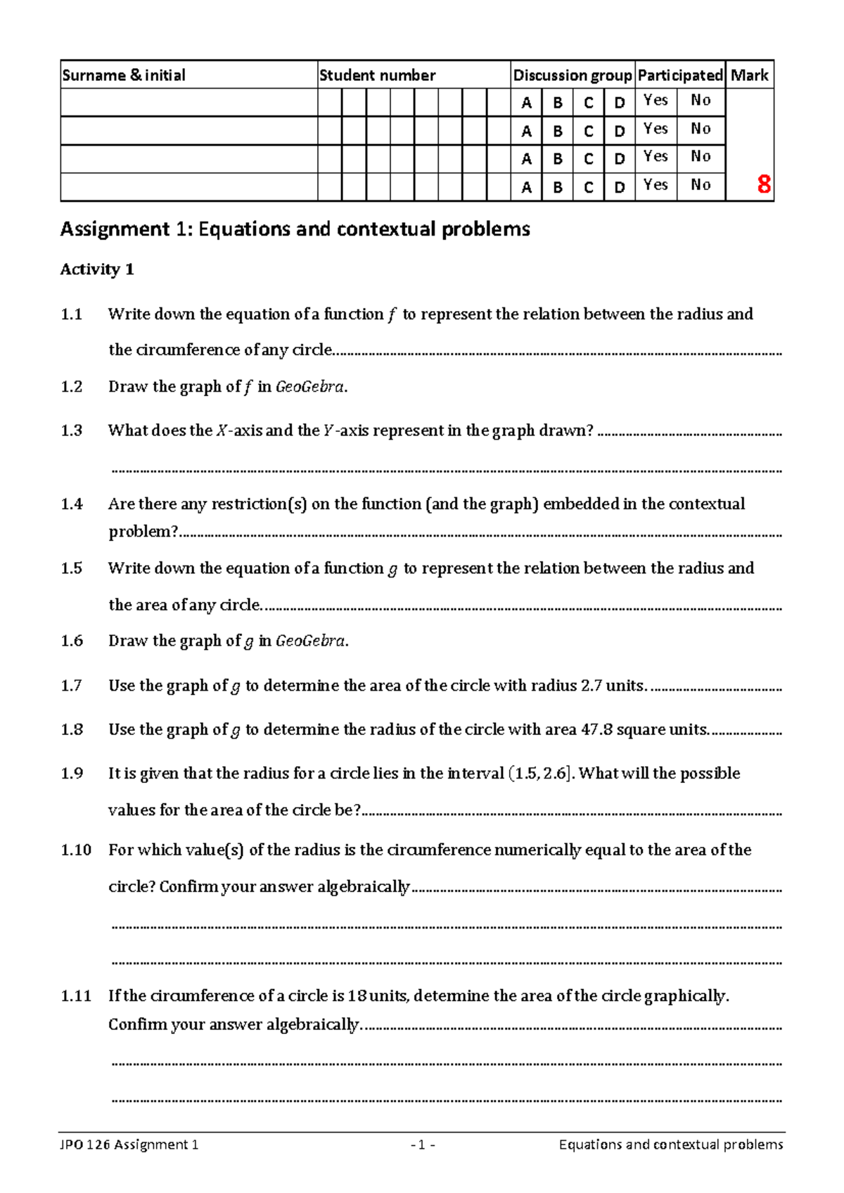 Ass 1 2024 Equations and contextual problems - JPO 126 Assignment 1 - 1 - Equations and ...