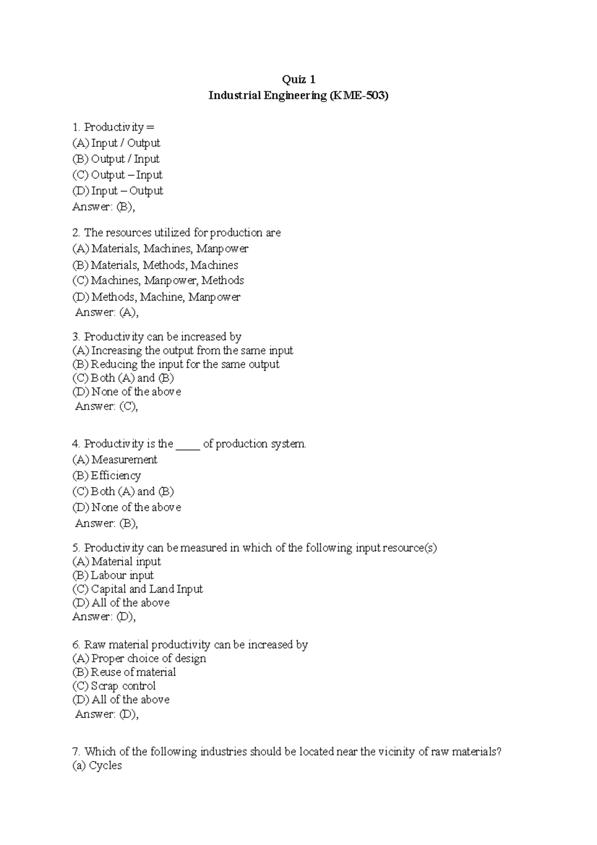 Quiz 1 Ind. Engg - QUIZ - Quiz 1 Industrial Engineering (KME-503 ...