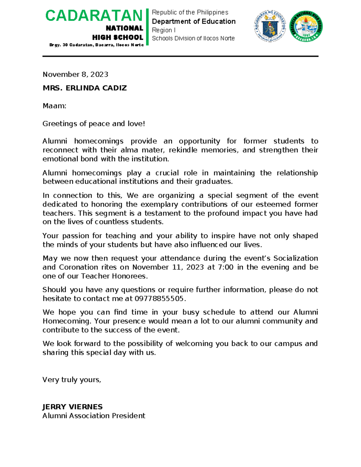 Letter to Teacher Honorees re Alumni Homecoming - NATIONAL HIGH SCHOOL ...