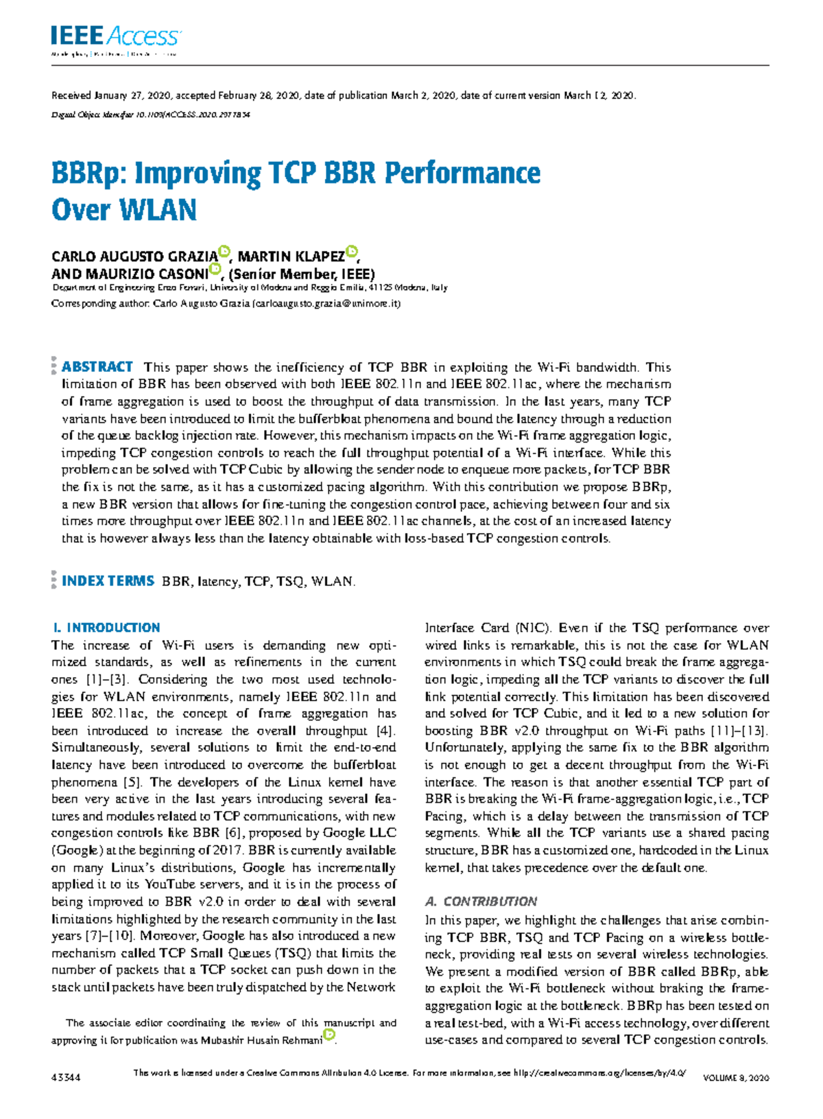 BBRp Improving TCP BBR Performance Over WLAN - Received January 27, 2020, accepted February 28 ...