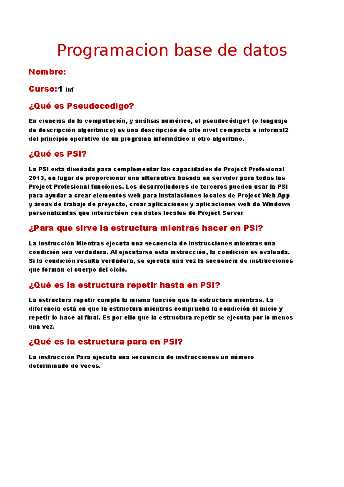 Programacion base de datos - Programacion base de datos Nombre: Curso ...