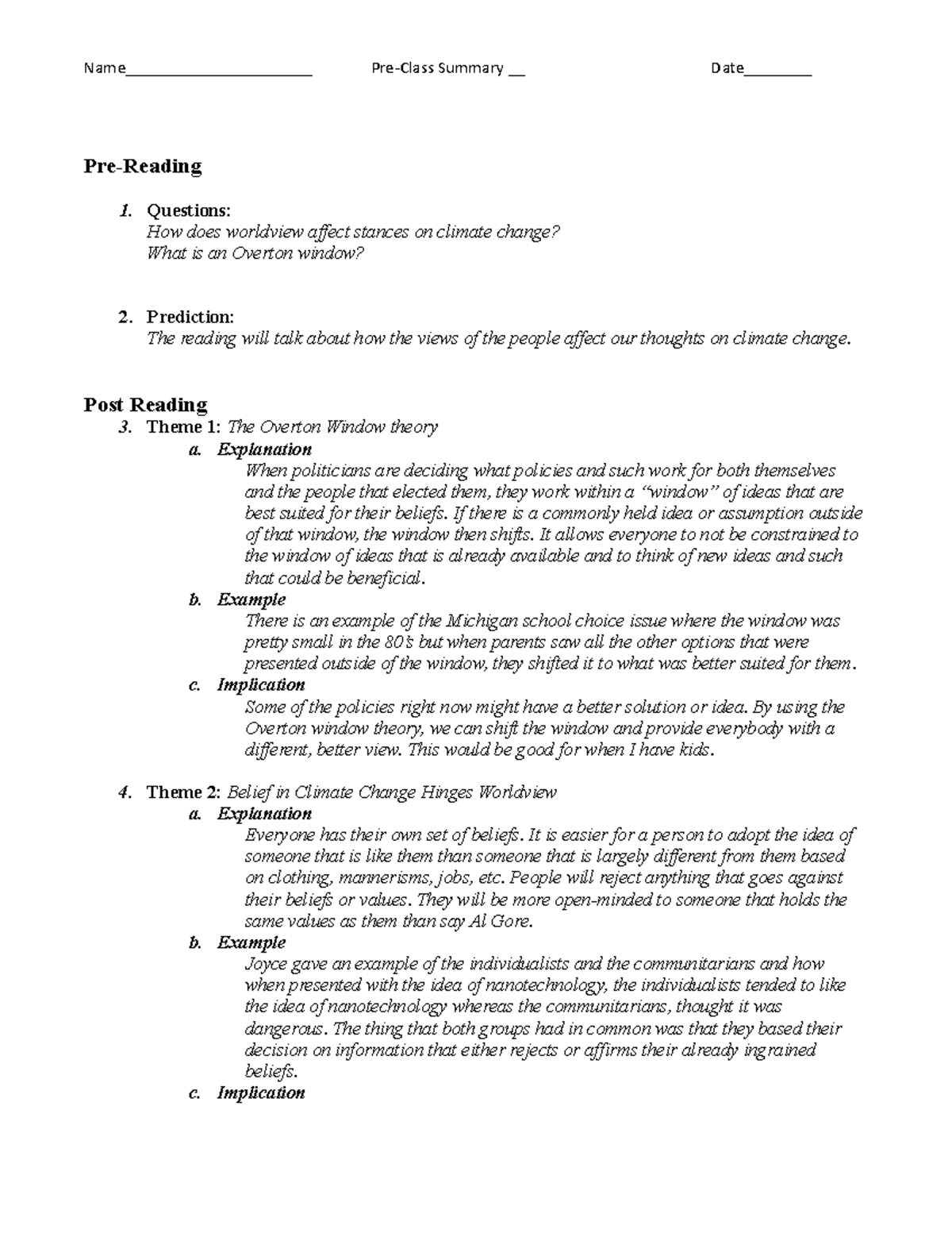 Pre Class Summary #6 - Worldview - Summary __ 1. Questions: How does ...