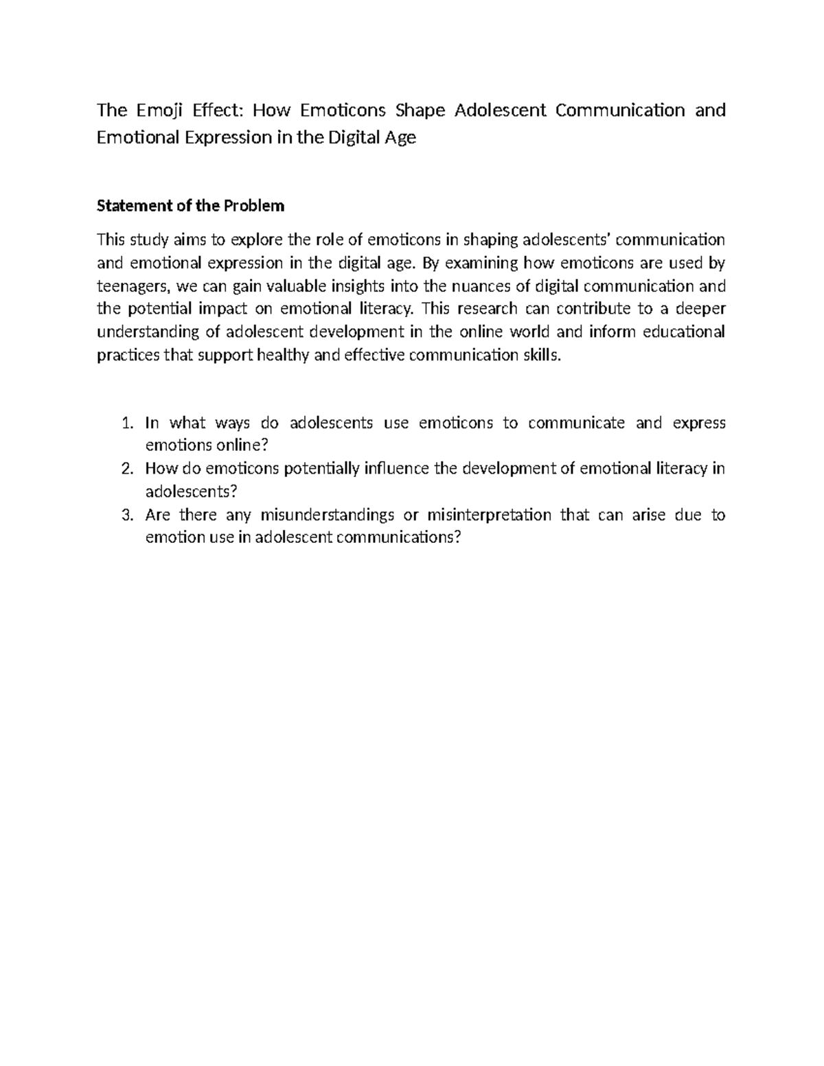 Research Titles w SOP - statement of the problem - The Emoji Effect ...