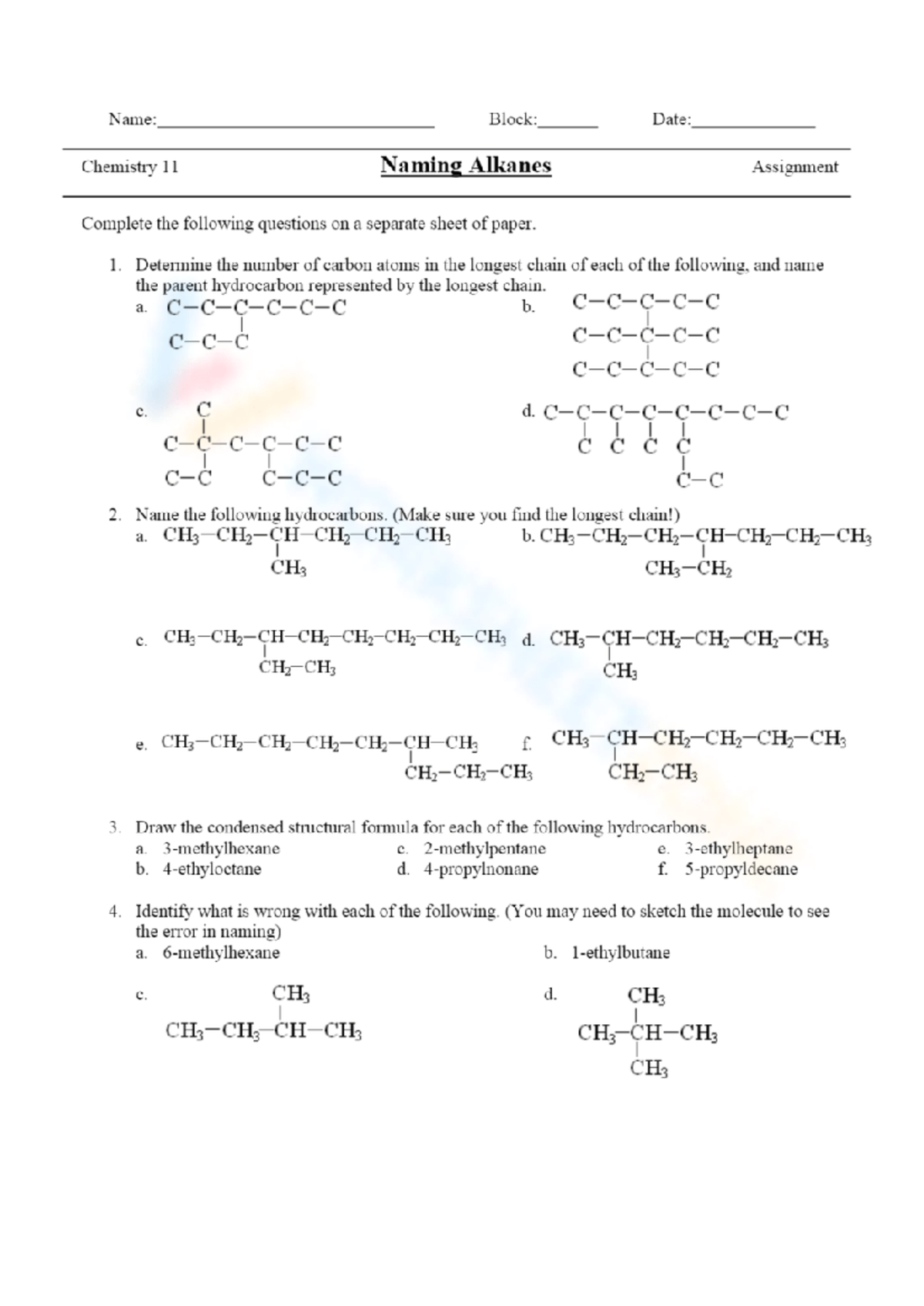 Naming-Alkanes-Worksheet - Name: Block: Date: Chemistry 11 Naming ...
