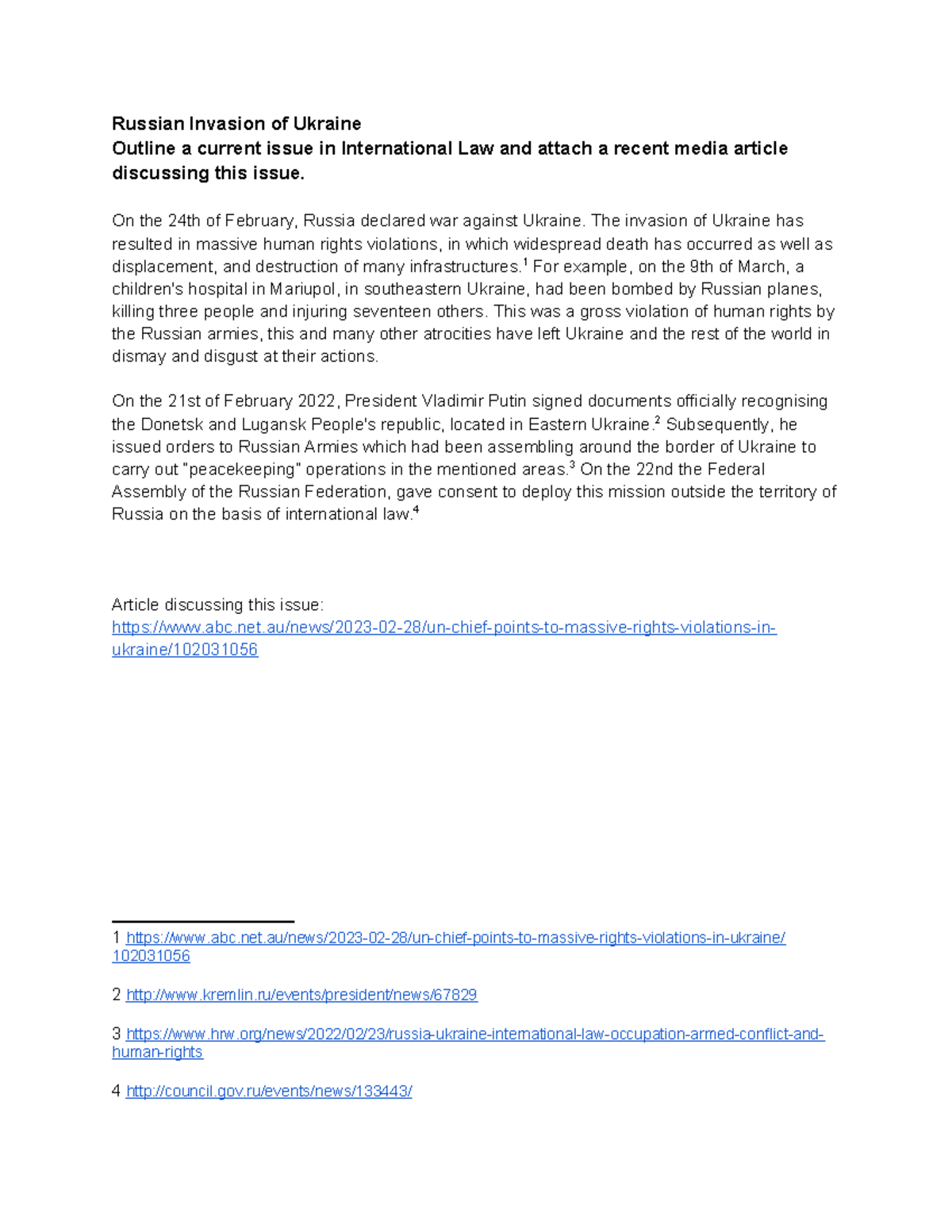 International Law Research Task - Russian Invasion of Ukraine Outline a ...