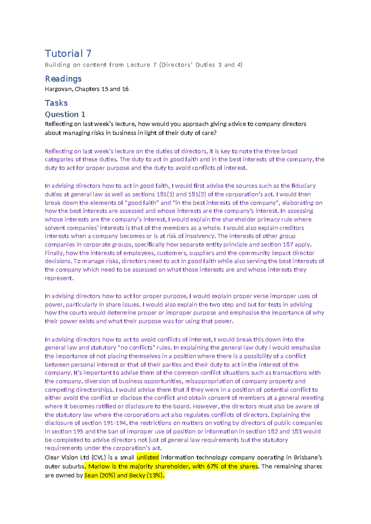 LAWS3100 - TUT7 - Tutorial Response Answer - Tutorial 7 Building on content from Lecture 7 - Studocu