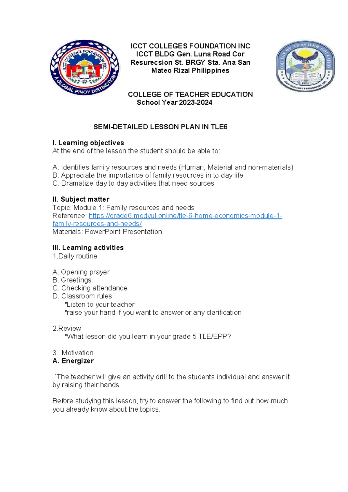 Tle lesson plan grade 6 - ICCT COLLEGES FOUNDATION INC ICCT BLDG Gen ...