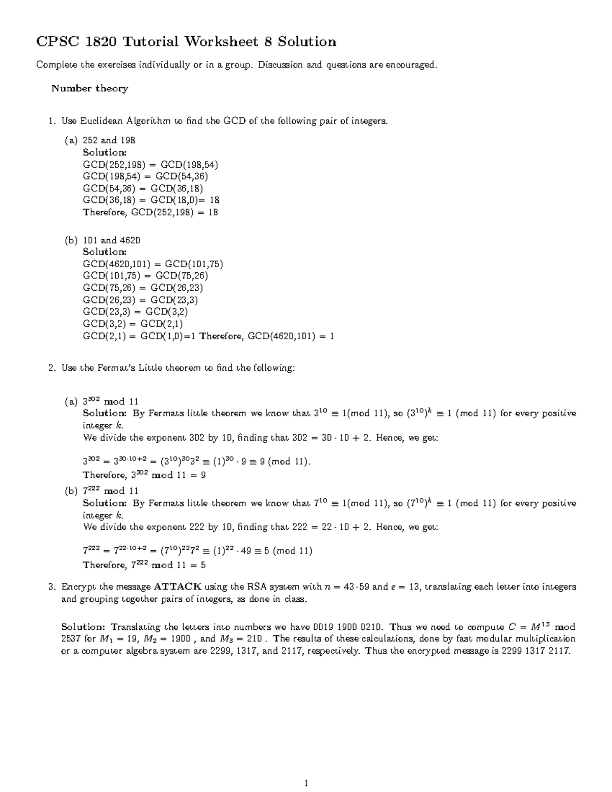 Worksheet 8 - Questions and Answers - CPSC 1820 Tutorial Worksheet 8 Solution Complete the ...