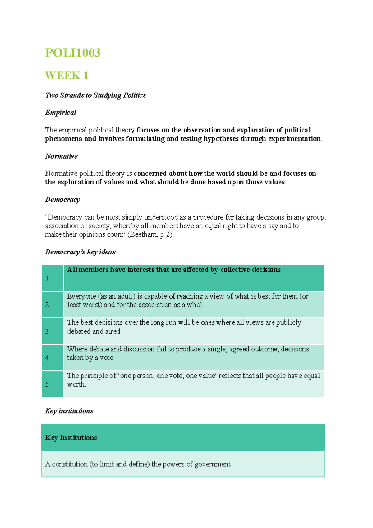 POLI1003 2022 Lecture & Reading Notes - POLI WEEK 1 Two Strands to ...