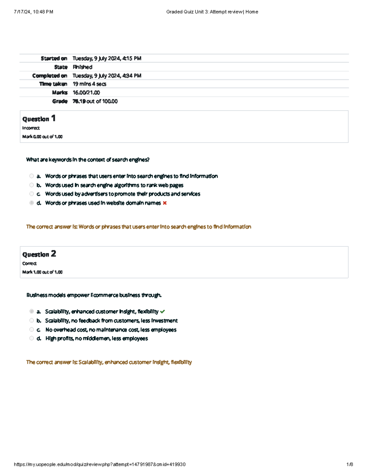 Graded Quiz Unit 3 BUS 2202-01 E-Commerce - Started on Tuesday, 9 July ...