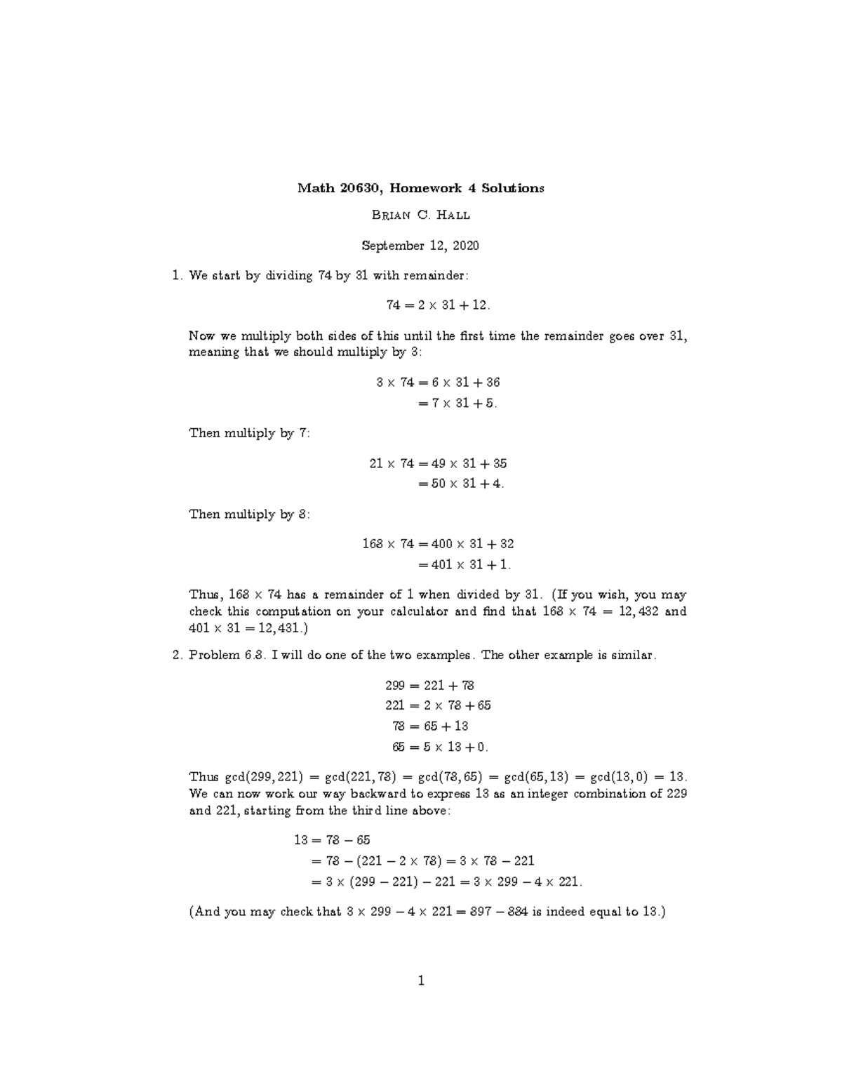 HW4soln - Brian C. Hall - Math 20630, Homework 4 Solutions Brian C ...