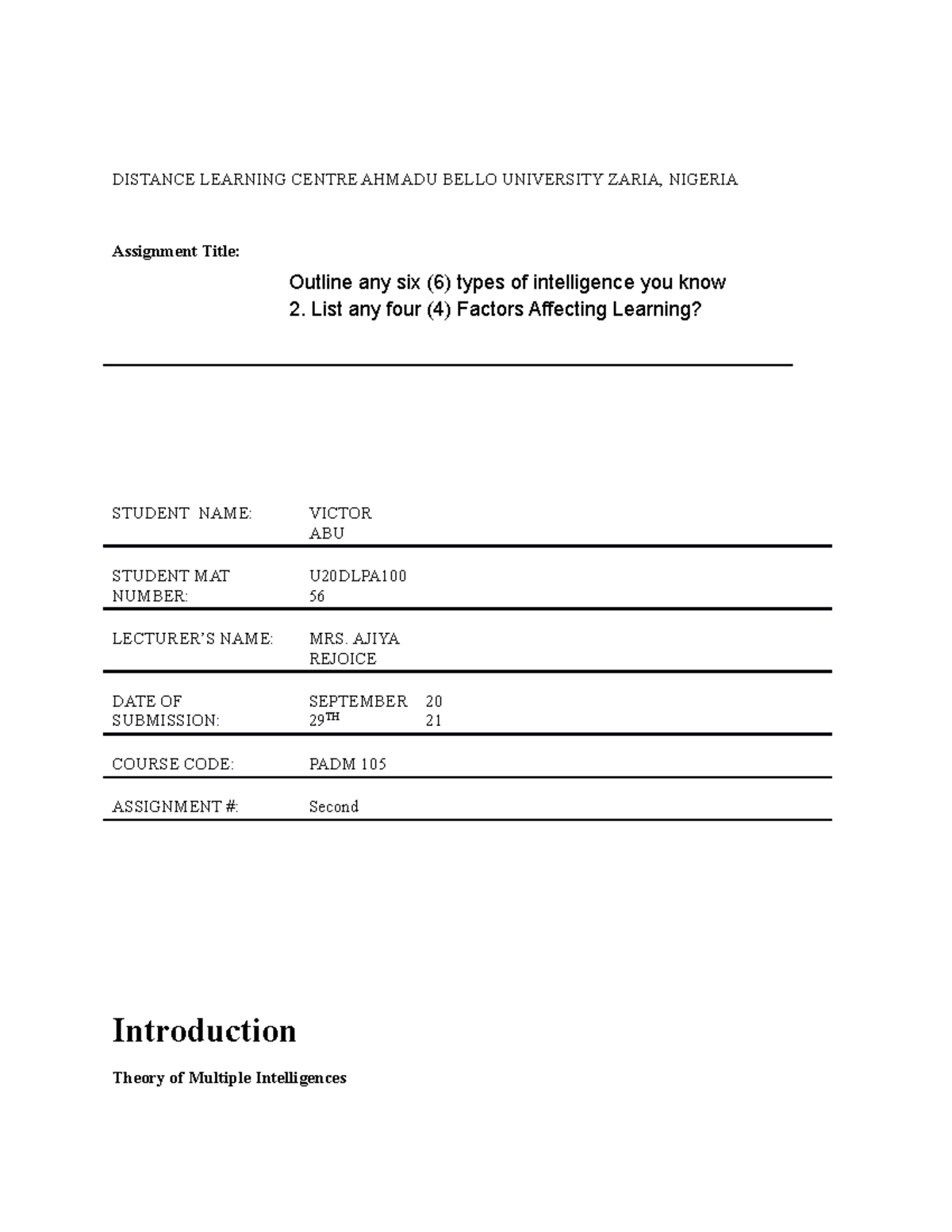 Distance Learning Centre Ahmadu Bello University Zaria (Padm 105 ...