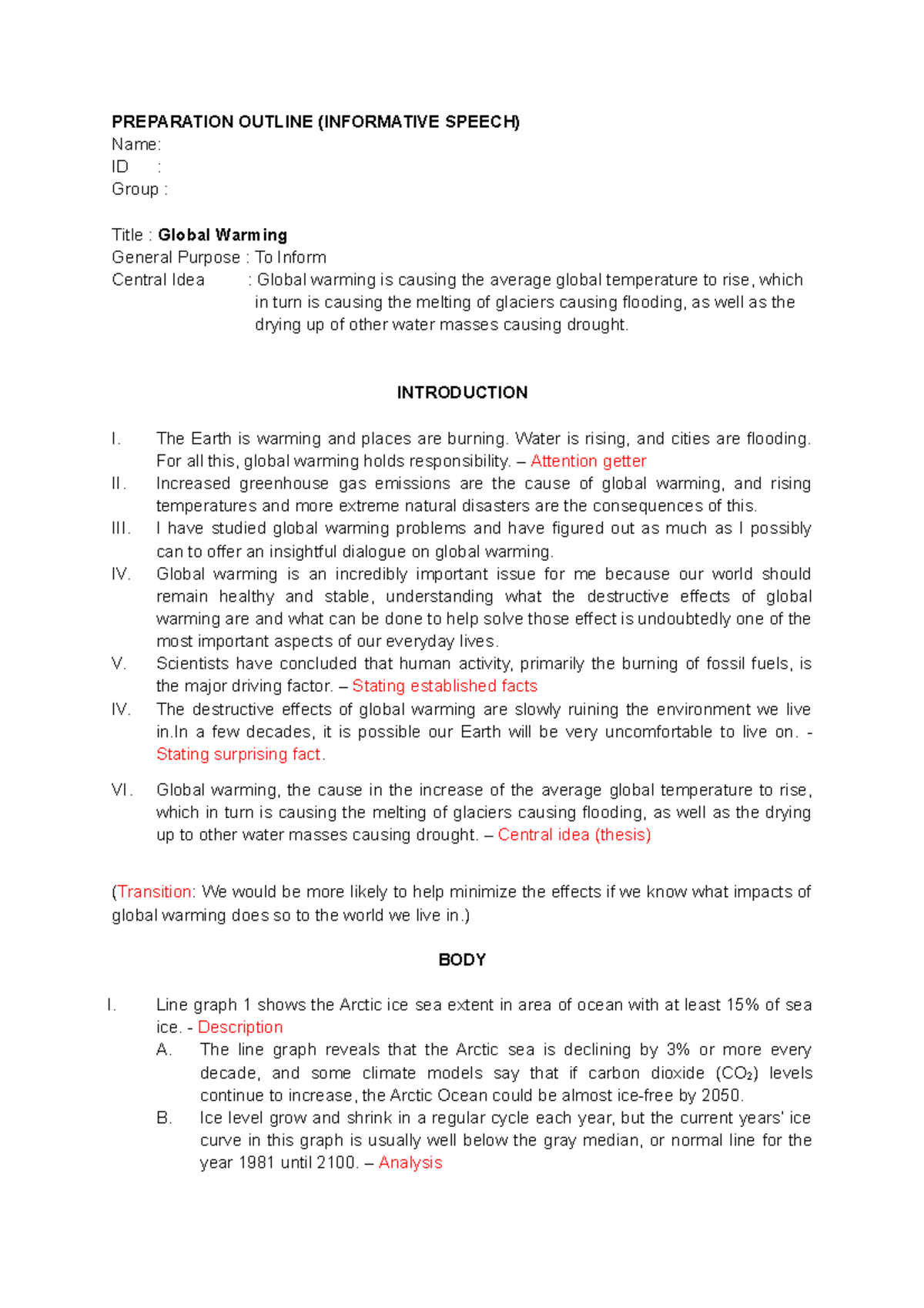 Informative Speech Outline - PREPARATION OUTLINE (INFORMATIVE SPEECH ...