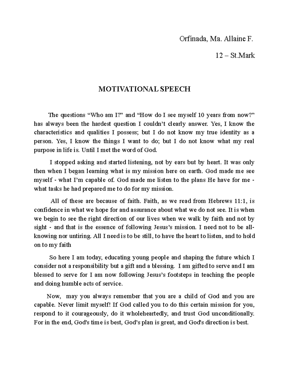 Motivational Speech in Christology - Orfinada, Ma. Allaine F. 12 – St ...