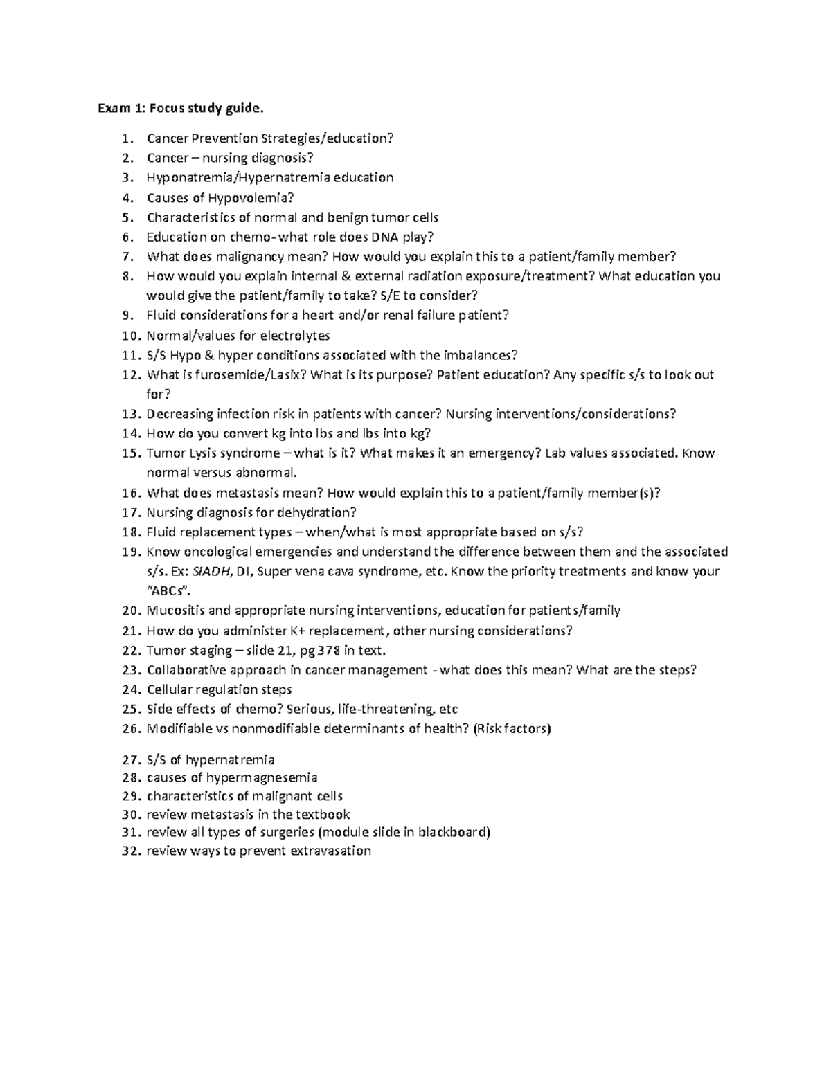 Focus Study Guide - Exam 1 - Exam 1: Focus study guide. 1. Cancer ...