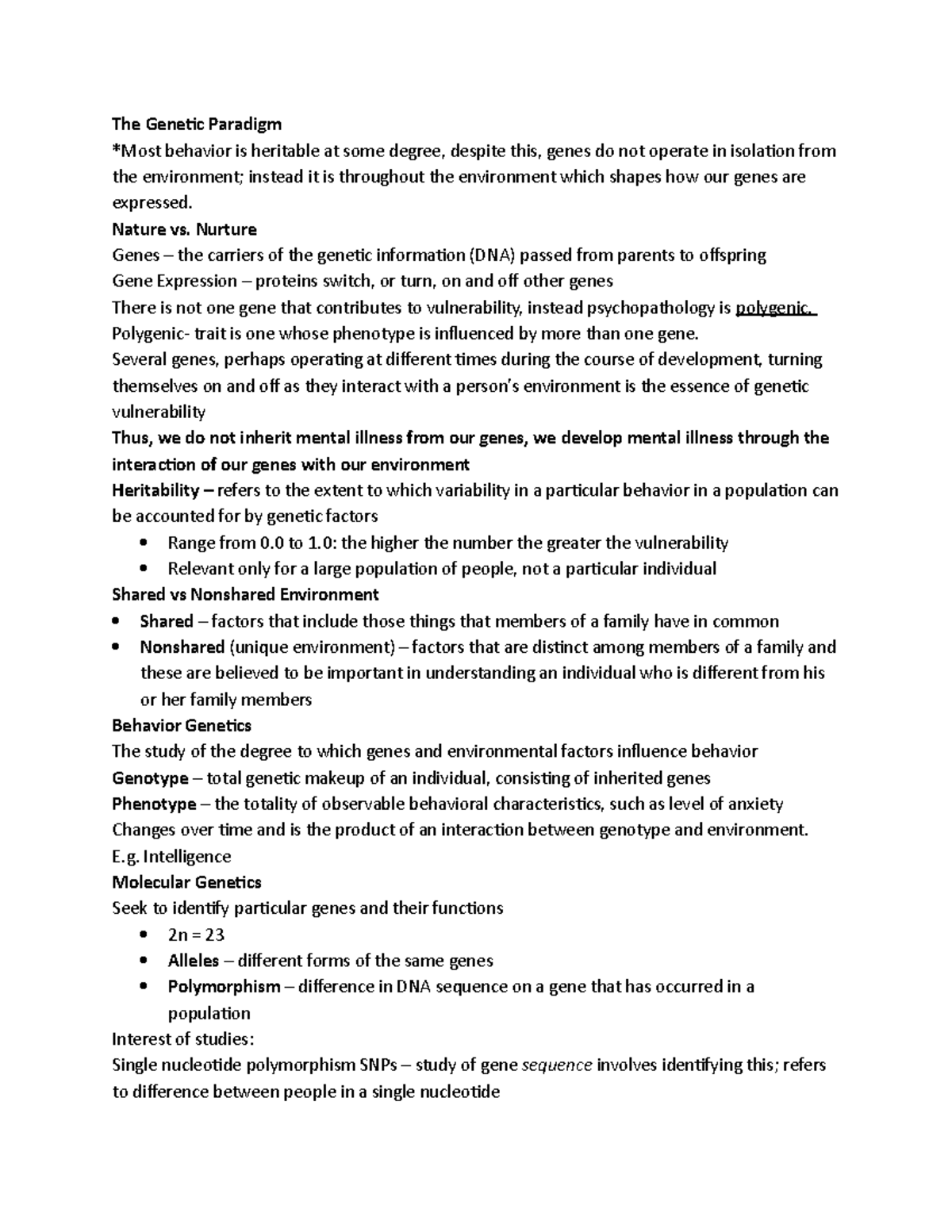 Genetic Paradigm- lecture note - **The Genetic Paradigm *** Most ...