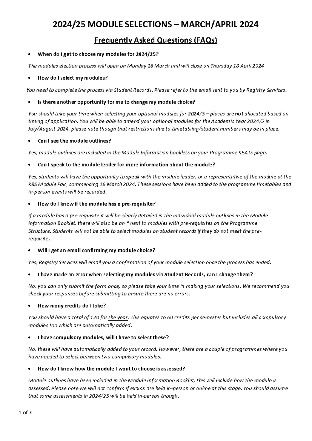 KBS FAQs 2024/25 Module Selections – March/April 2024 - 1 of 3 2024 /2 5 MODULE SELECTIONS ...