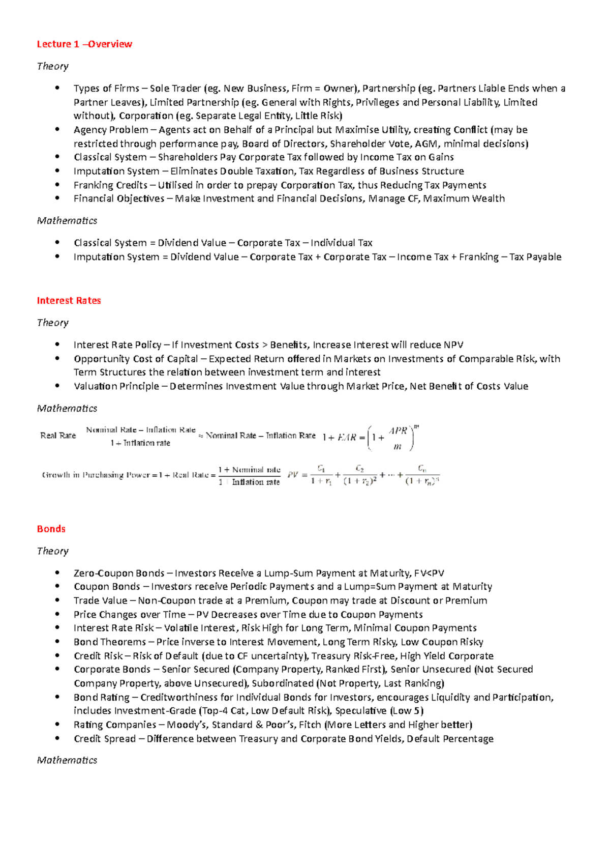 AFIN Class Test Notes - Lecture 1 Theory Types of Firms Sole Trader (eg ...