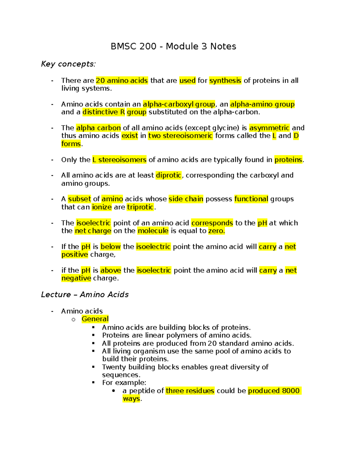 Module 3 - Notes - BMSC 200 - Module 3 Notes Key concepts: There are 20 ...