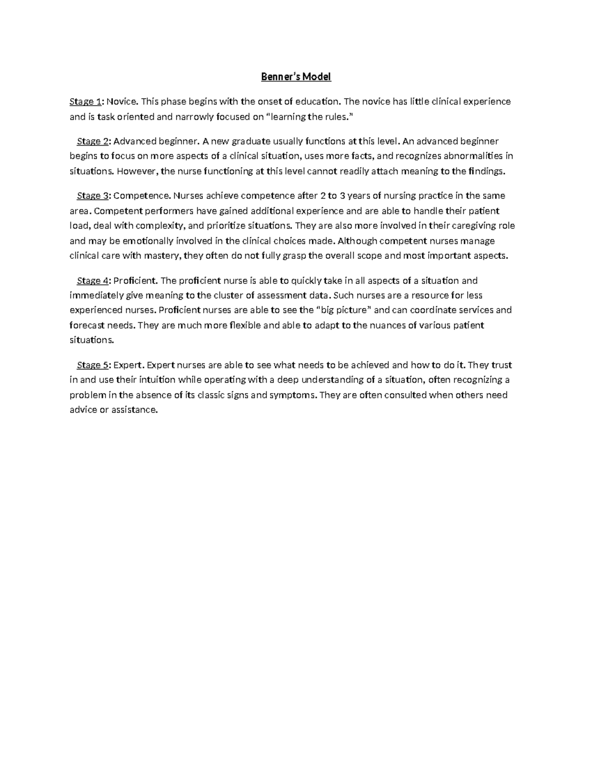 Benner's Model - Tagged - Benner’s Model Stage 1: Novice. This phase ...