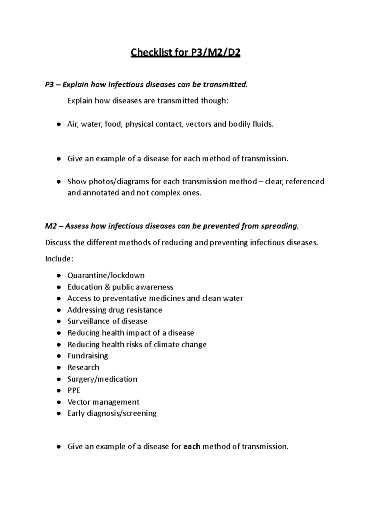 Checklist for P3-M2-D2 - Checklist for P3/M2/D P3 – Explain how infectious diseases can be - Studocu