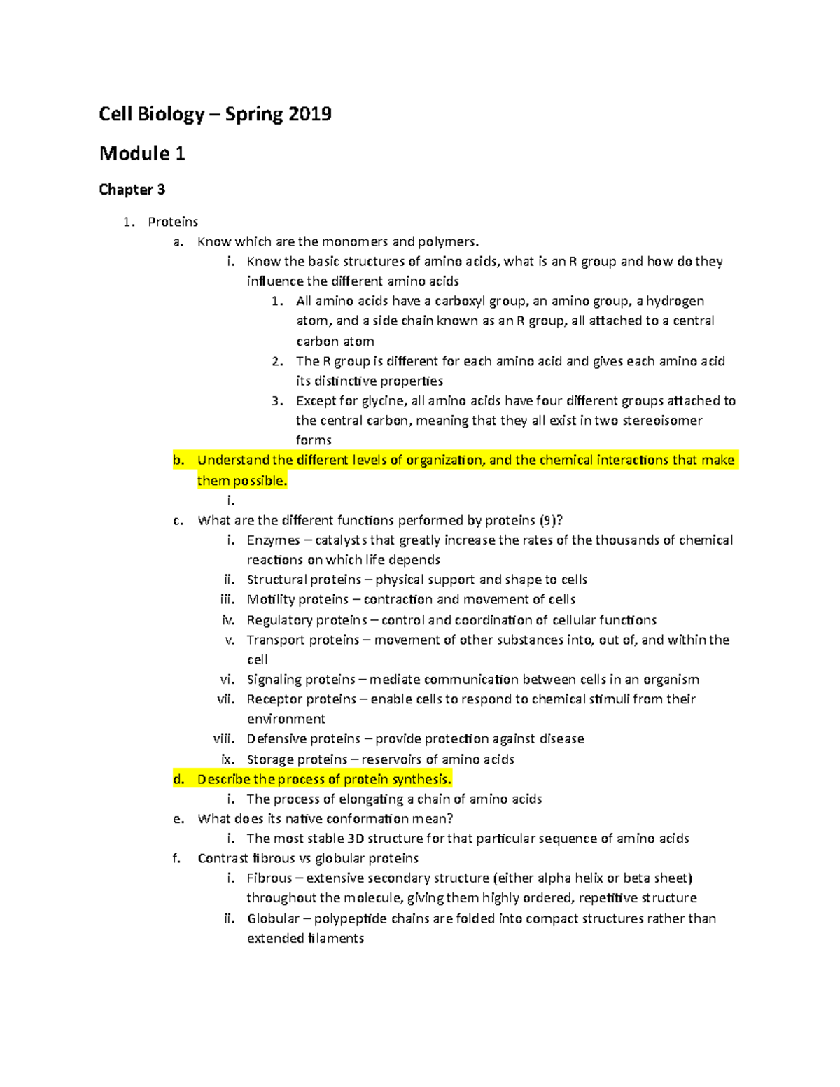 Cell Bio - Chapter 3 - Cell Biology – Spring 2019 Module 1 Chapter 3 ...