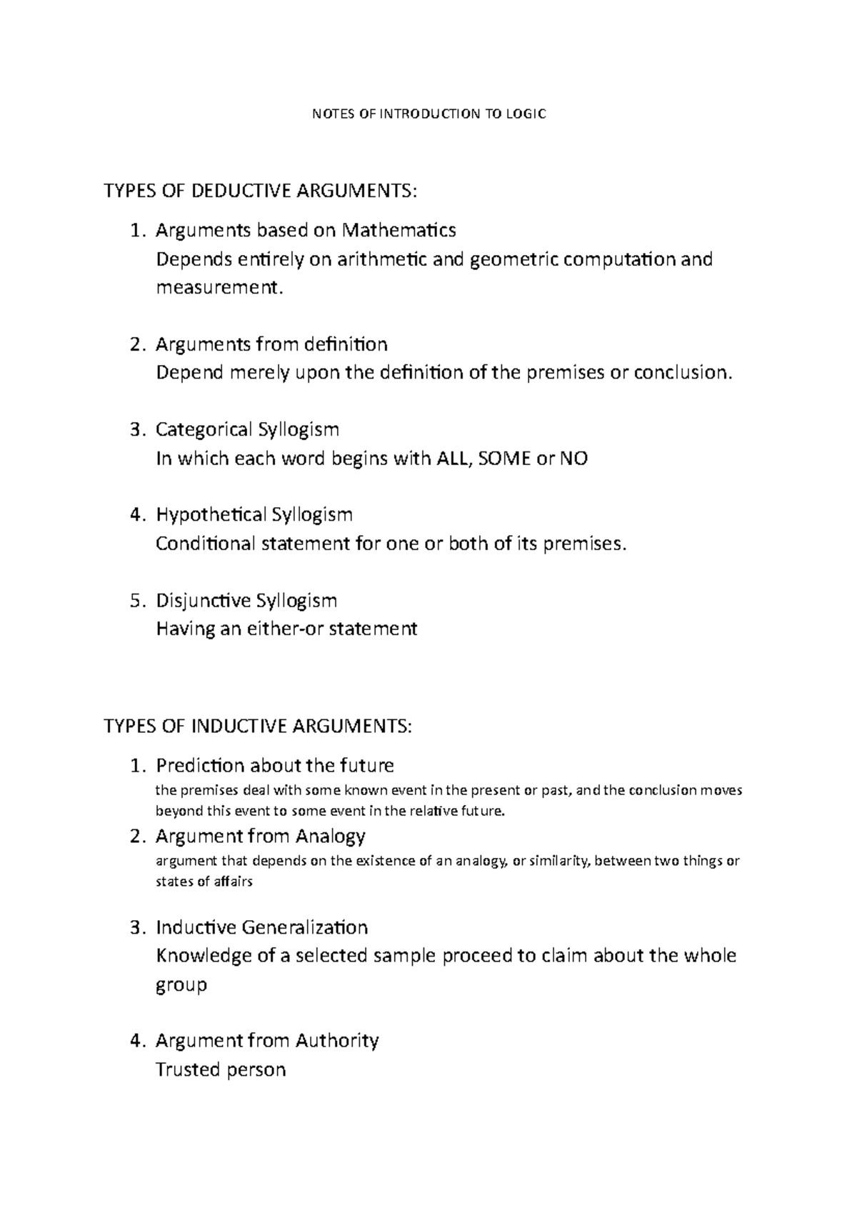 Inductive And Deductive Notes Of Introduction To Logic Types Of