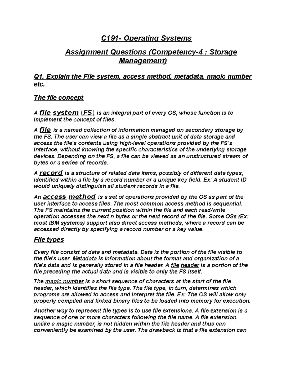 C191 Competency 4 Storage Management - C191- Operating Systems Assignment Questions (Competency ...