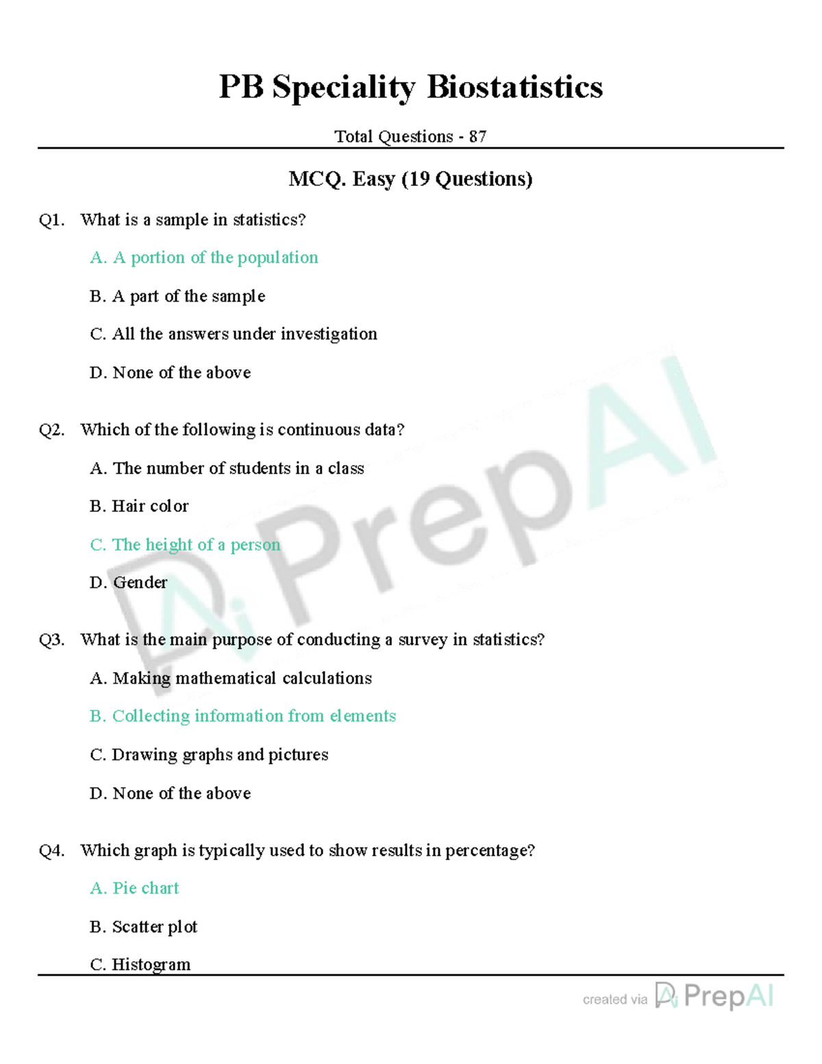 PB Speciality Biostatistics - PB Speciality Biostatistics Total Questions - 87 MCQ. Easy (19 ...
