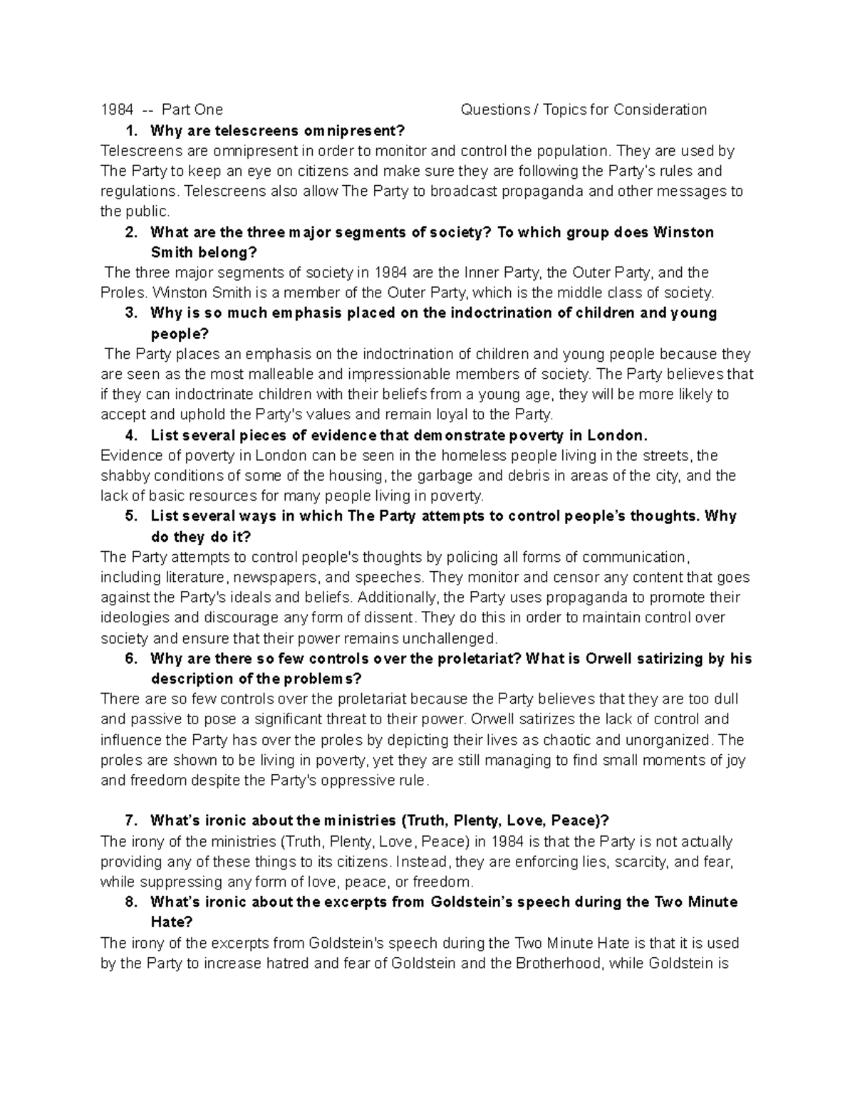 English Questions 1984 - Part 1 - 1984 - Part One Questions / Topics ...