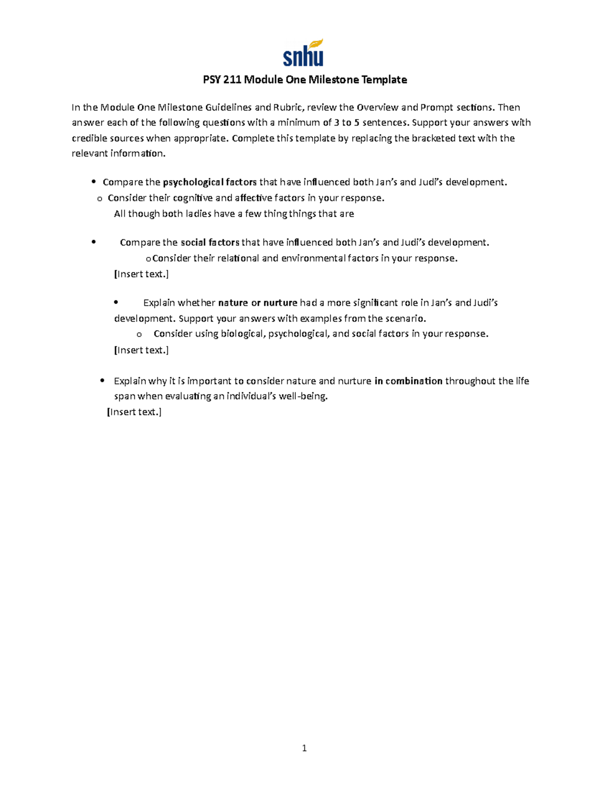 PSY 211 Module One Milestone Template - Then answer each of the ...