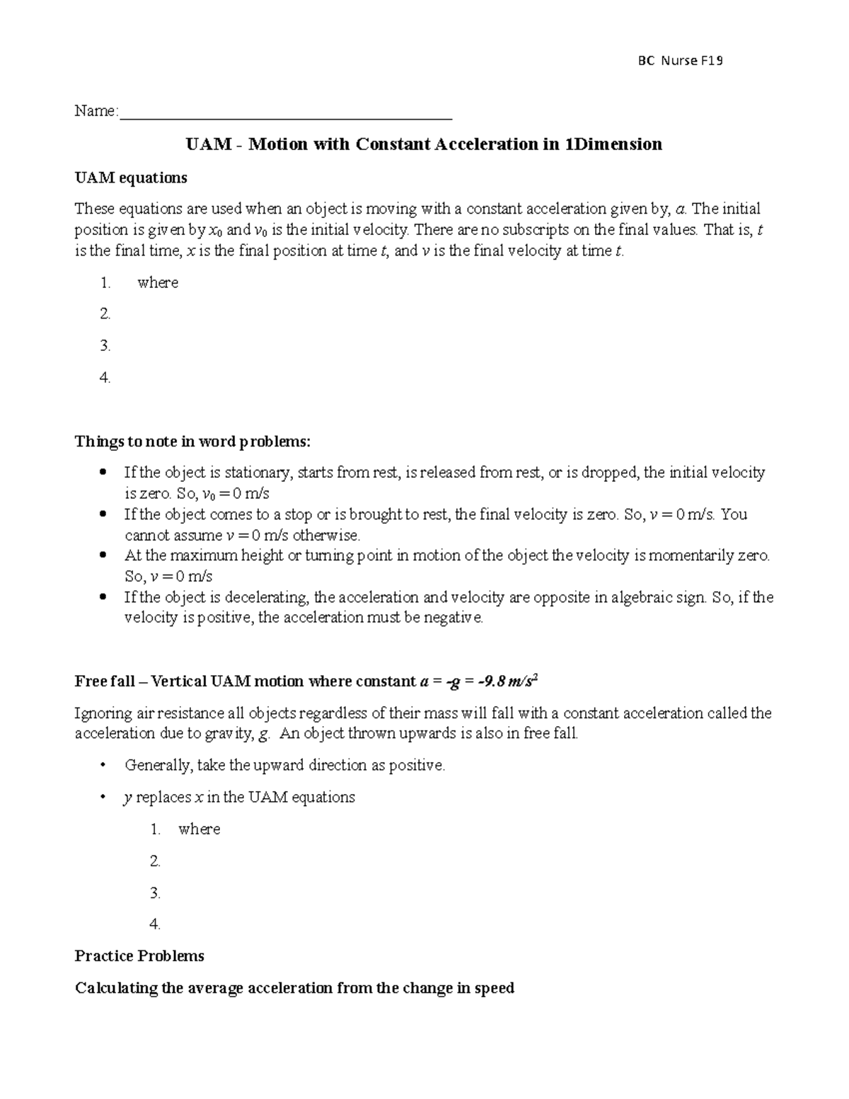 UAM and Free Fall - Phy1001 notes - BC Nurse F Name