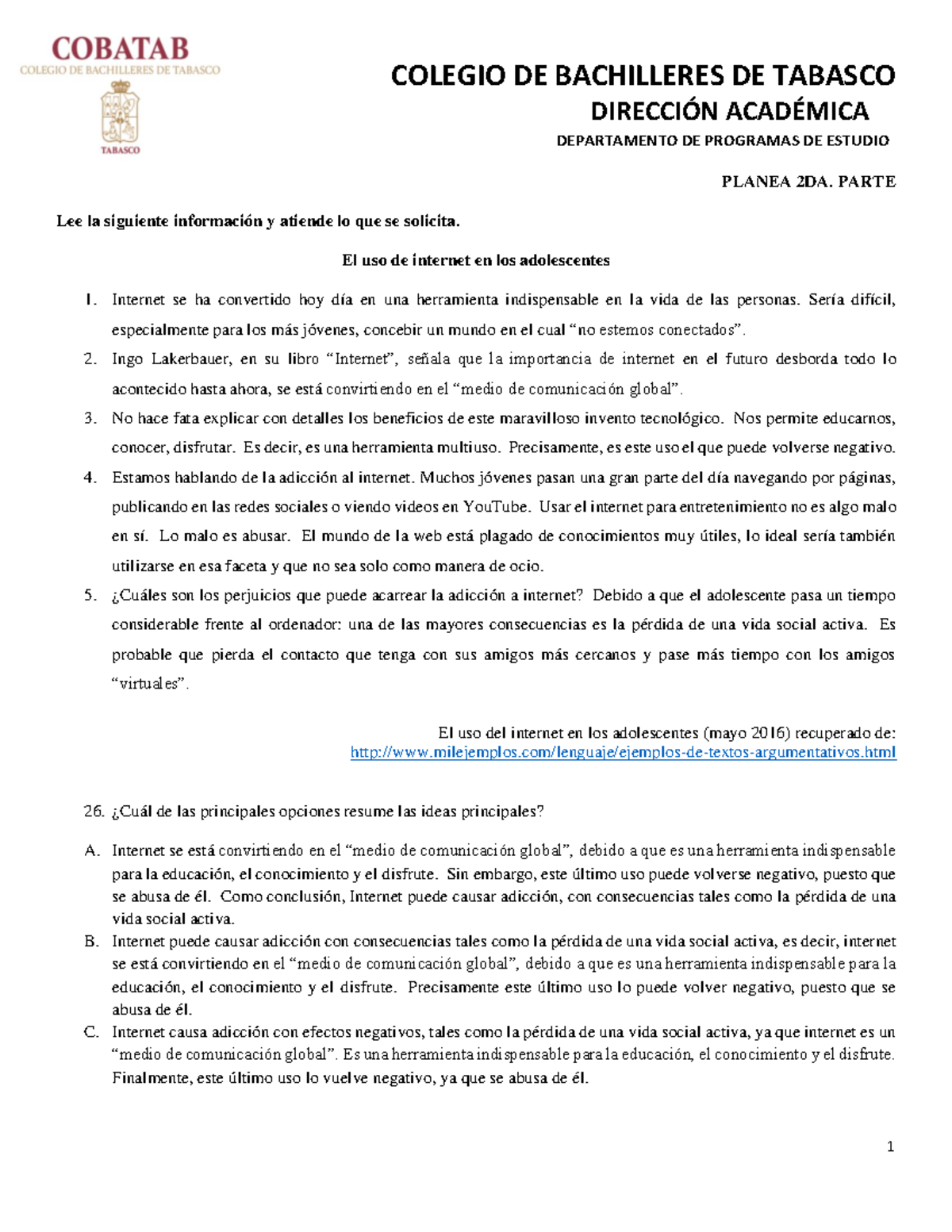 Examen Planea 2DA Parte - DIRECCIÓN ACADÉMICA DEPARTAMENTO DE PROGRAMAS ...