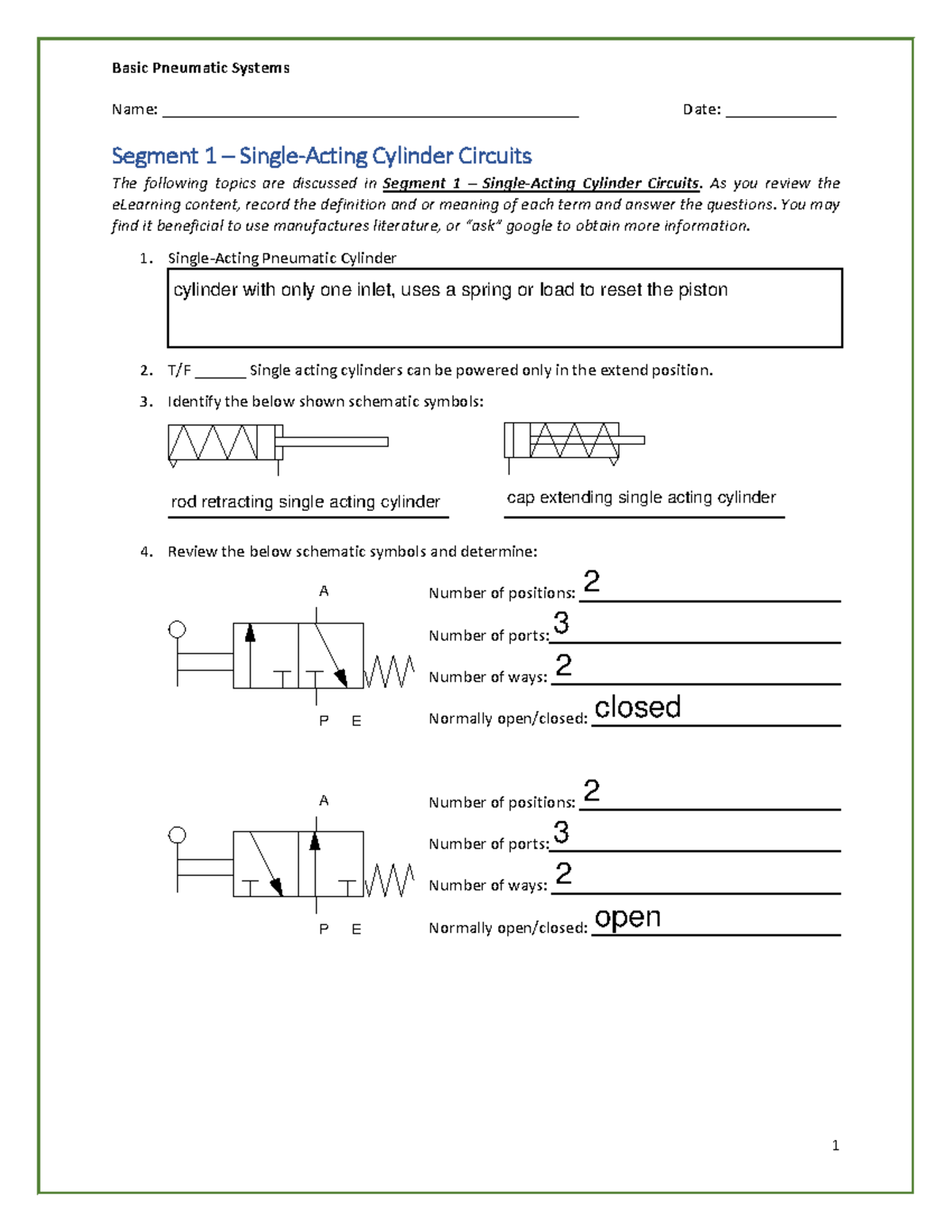 A10 Worksheet - Basic Pneumatic Circuits - Name