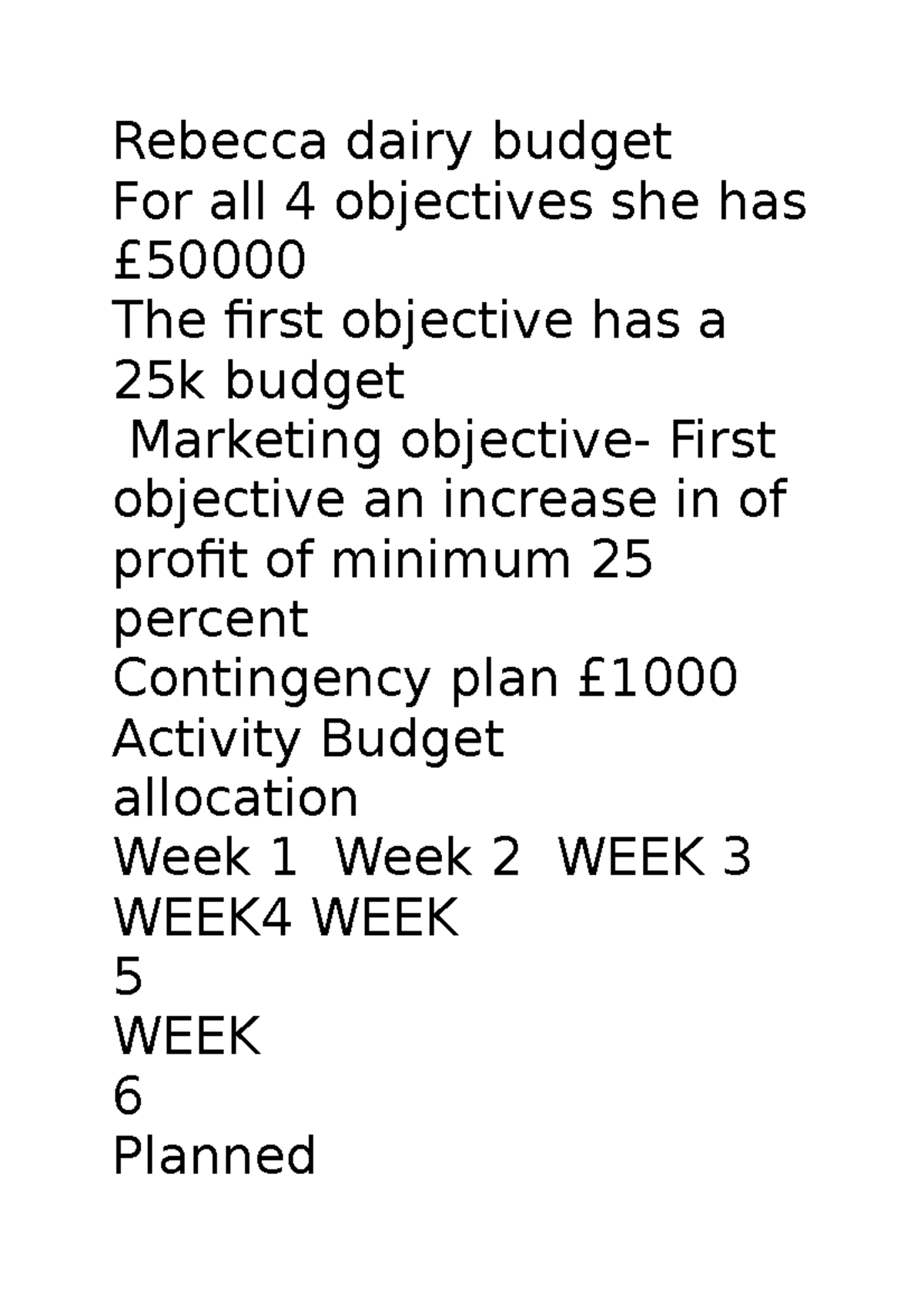 Rebecca dairy budget - Studocu