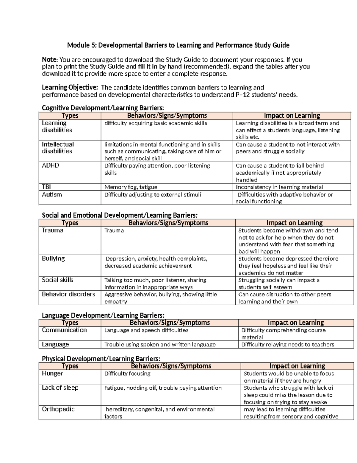 Studyguide 5 - Module 5: Developmental Barriers to Learning and ...