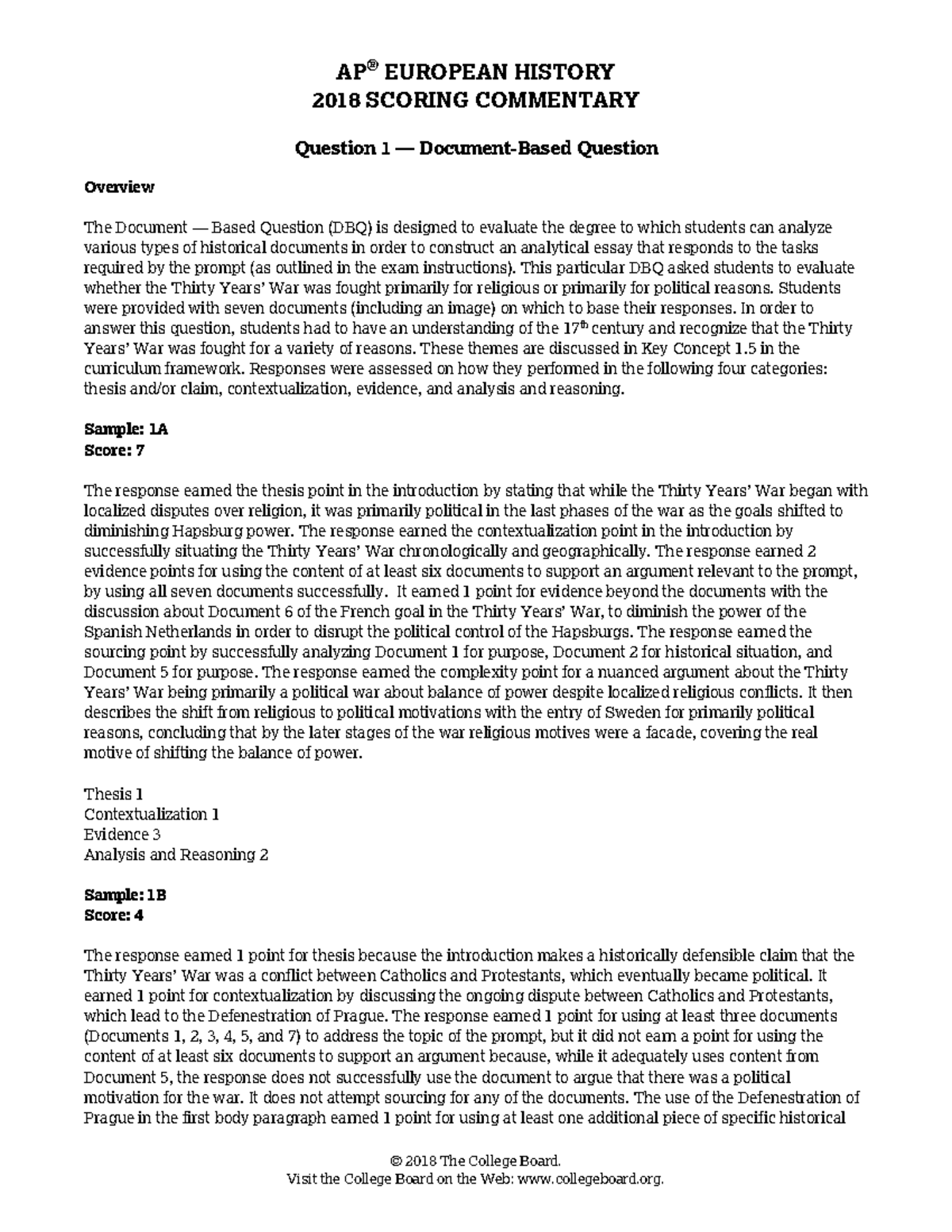 #1a Sample DBQ 30 Years War Scores - AP® EUROPEAN HISTORY 2018 SCORING ...