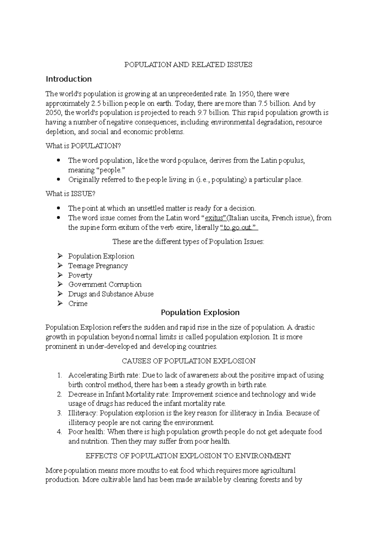 Population AND Related Issues Handouts (G2) - POPULATION AND RELATED ...