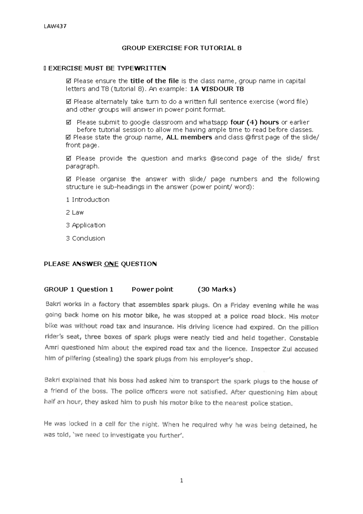Tutorial 8 Question - law - GROUP EXERCISE FOR TUTORIAL 8 EXERCISE MUST ...