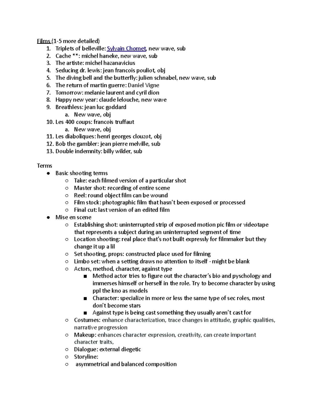 French Cinema Final Exam Study Guide - Films (1-5 more detailed) 1 ...