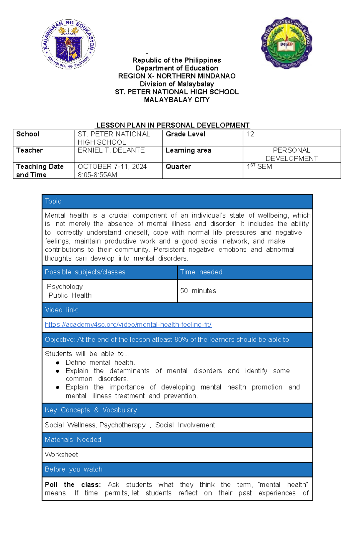Mental-Health-WEEK 10 - Republic of the Philippines Department of ...
