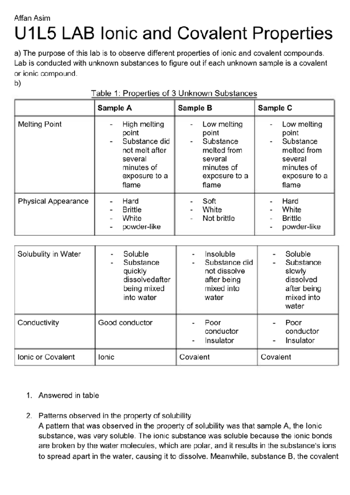 Chem lab ex assi one copy - Affan Asim U1L5 LAB lonic and Covalent ...