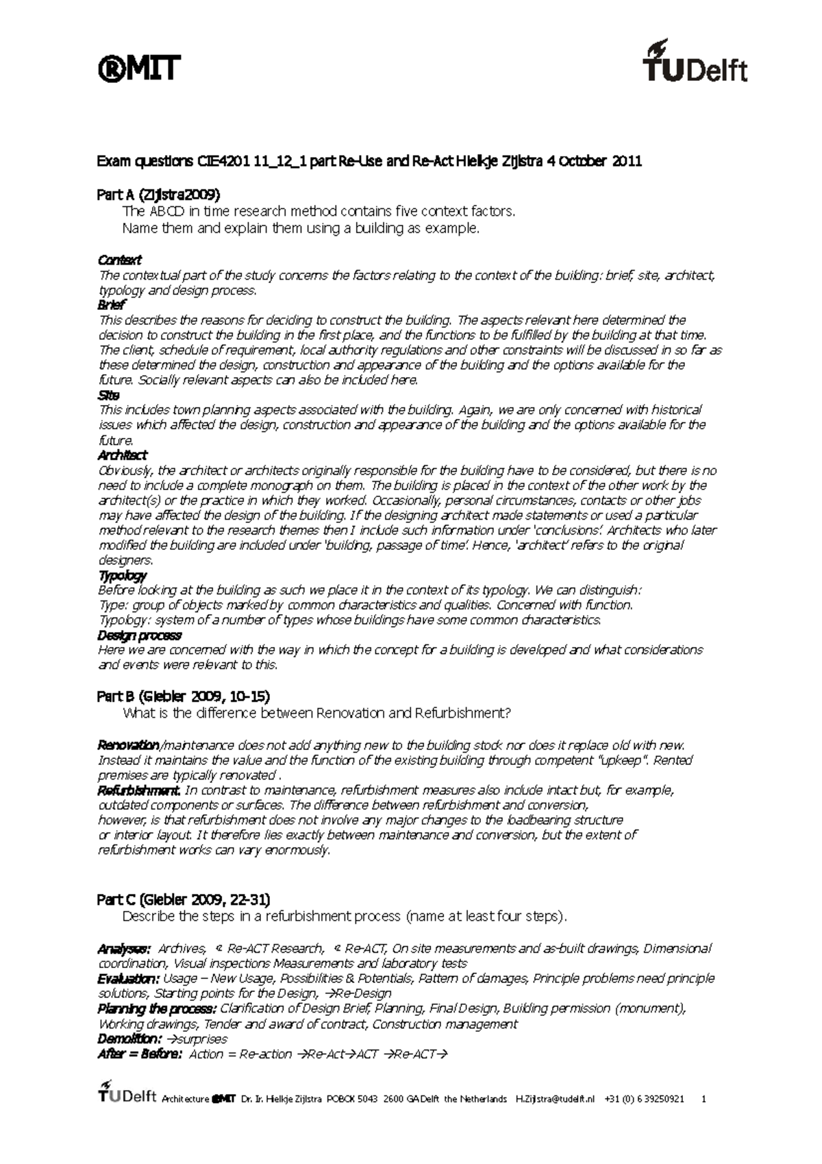 Exam 2011, Example questions + answers - ®MIT Exam questions CIE4201 11 ...