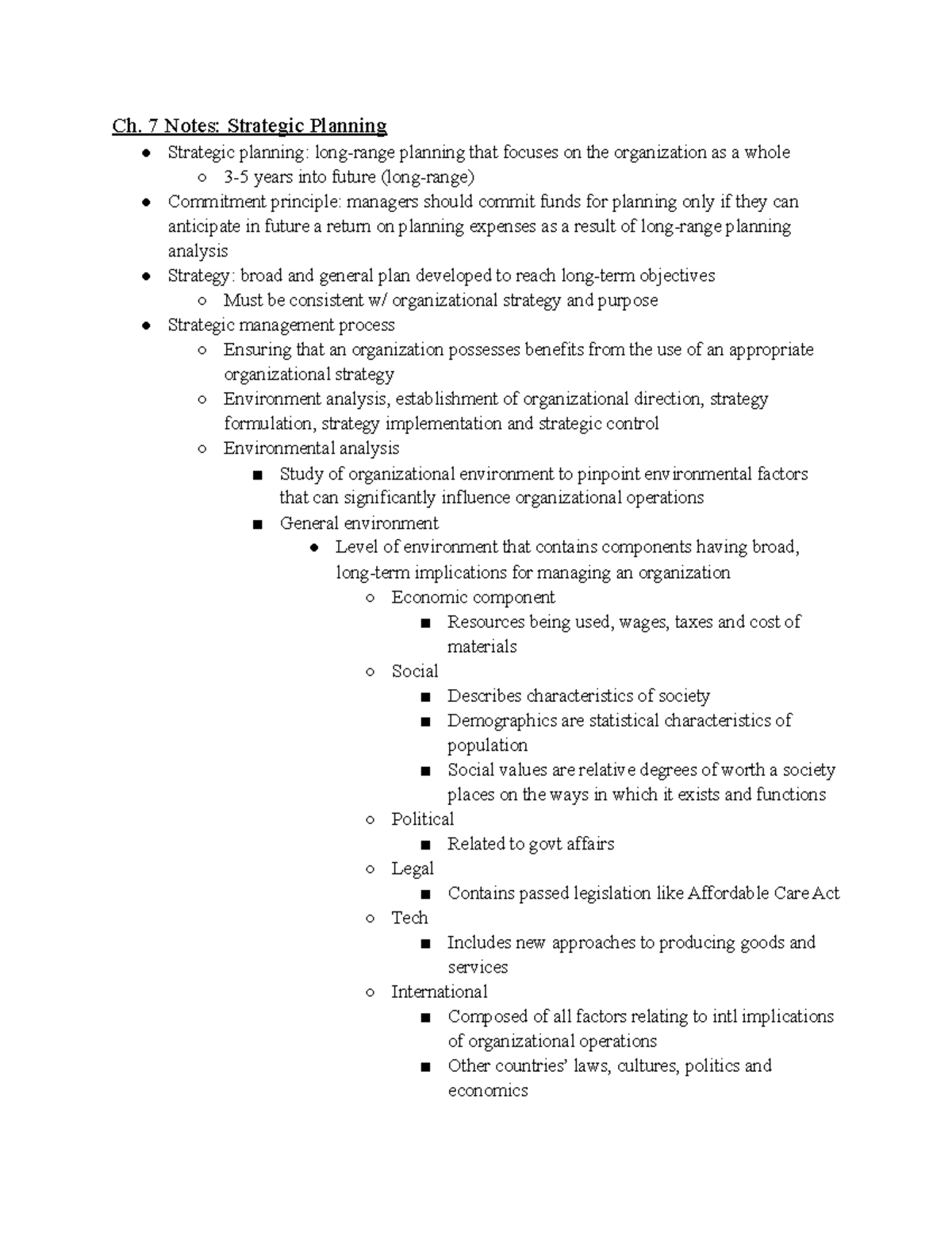 Ch. 7 Notes - Summer online class - Ch. 7 Notes: Strategic Planning ...