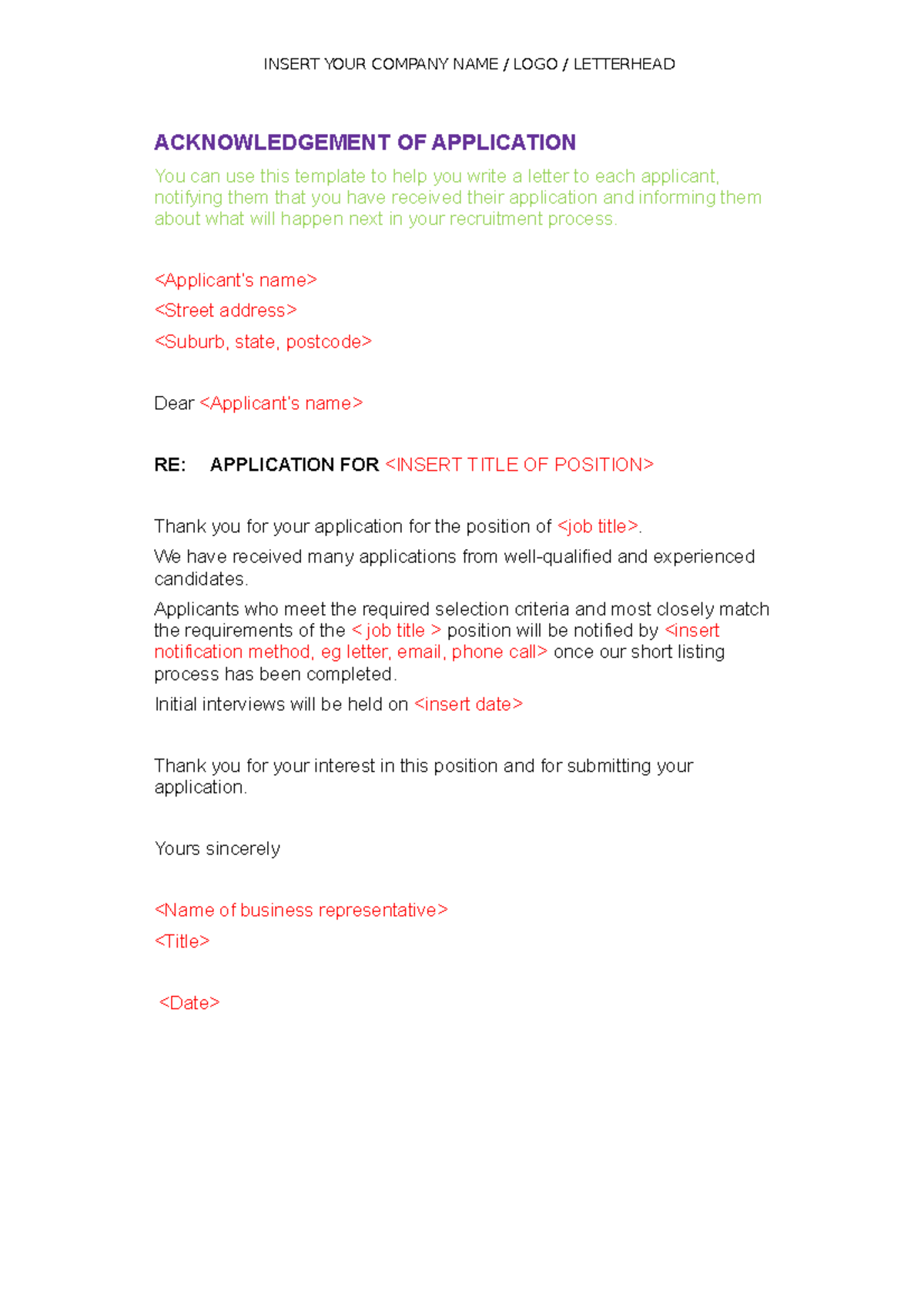 Acknowledgment of Application Template - INSERT YOUR COMPANY NAME ...