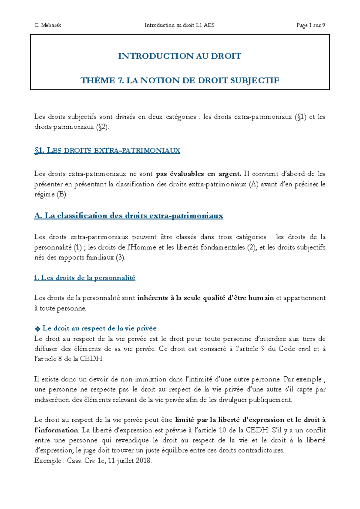 Cours - Notion de droits subjectifs - INTRODUCTION AU DROIT THÈME 7. LA NOTION DE DROIT ...