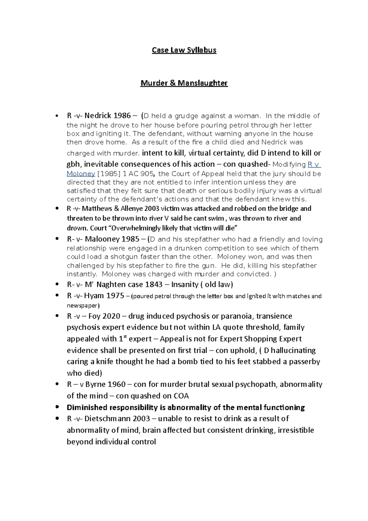 Notes from Criminal Seminars - Case Law Syllabus Murder & Manslaughter ...