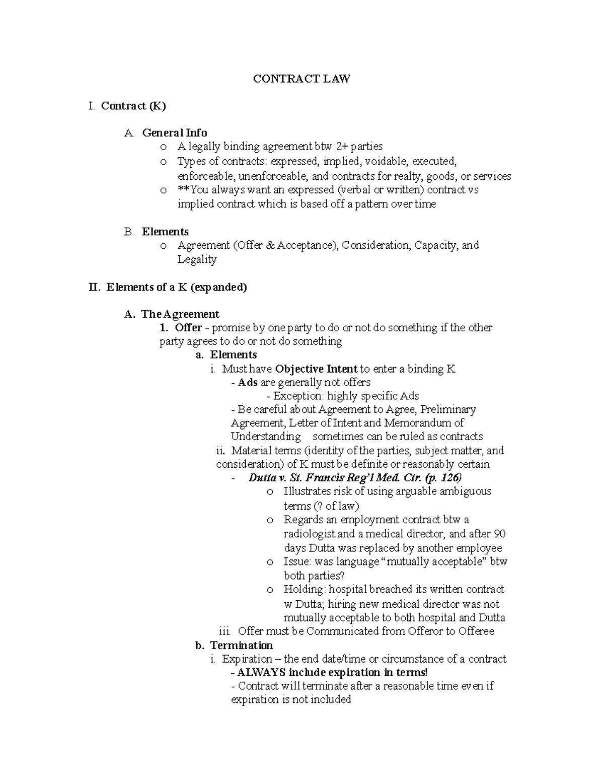 Outline 3-Contracts - Dr. Turner class notes - CONTRACT LAW I. Contract ...