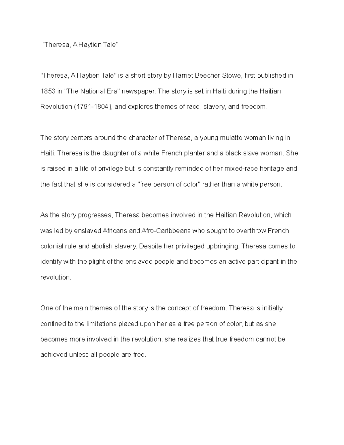 1 ENG 372 “Theresa, A Haytien Tale” - “Theresa, A Haytien Tale ...